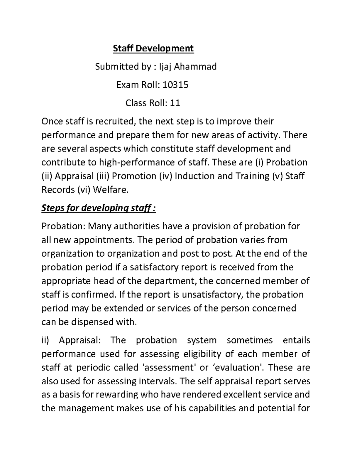 9. Ijaj - management science - Staff Development Submitted by : Ijaj Ahammad Exam Roll: 10315 ...
