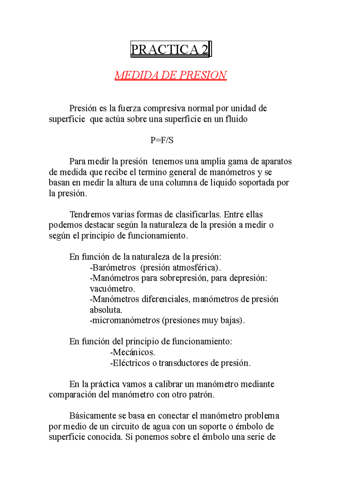 Mecanica de fluidos. Practica 2 - PRACTICA 2 MEDIDA DE PRESION Presión ...