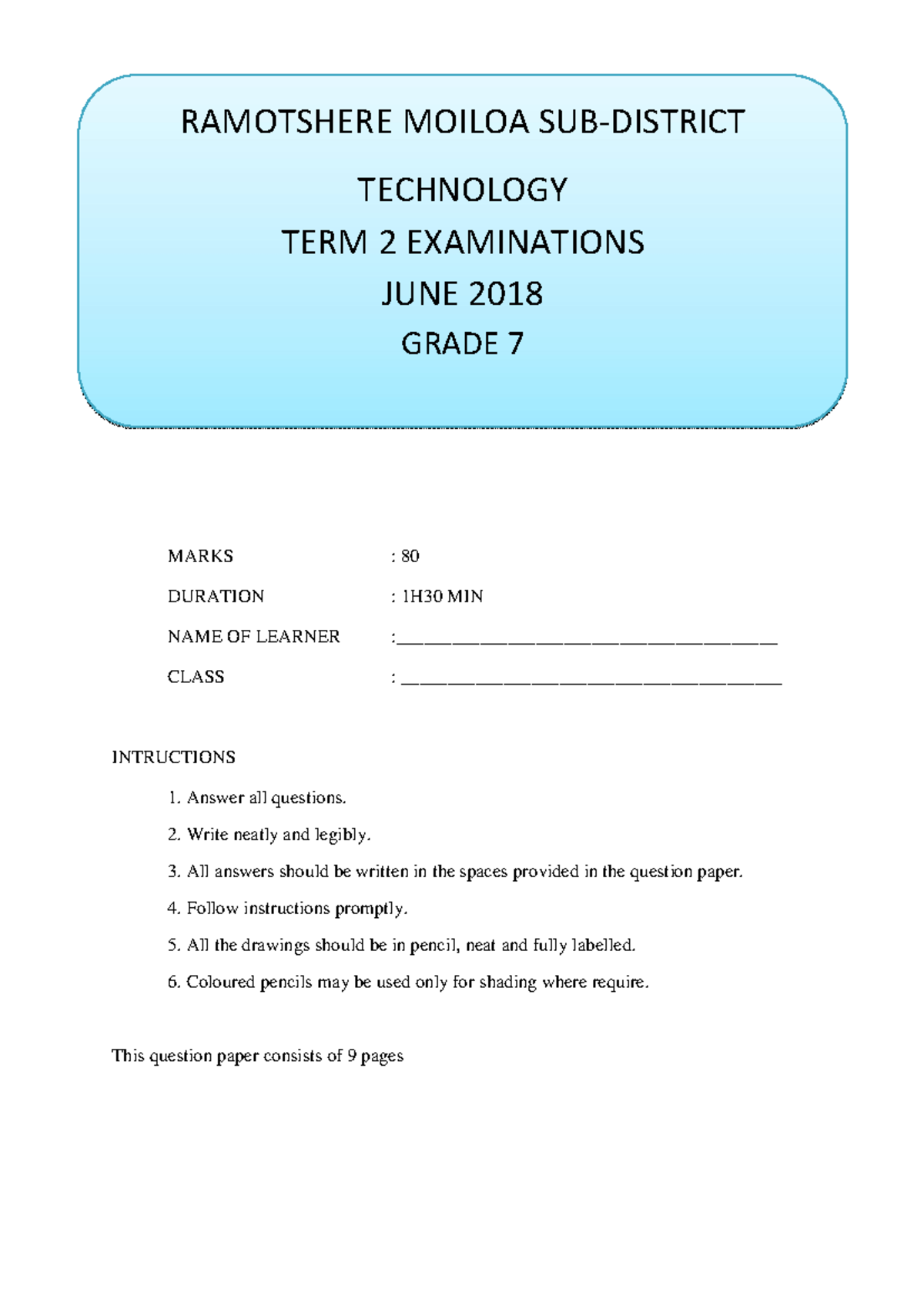 Grade-7-TECH-TERM-2-TEST-2018 - MARKS : 80 DURATION : 1H30 MIN NAME OF ...
