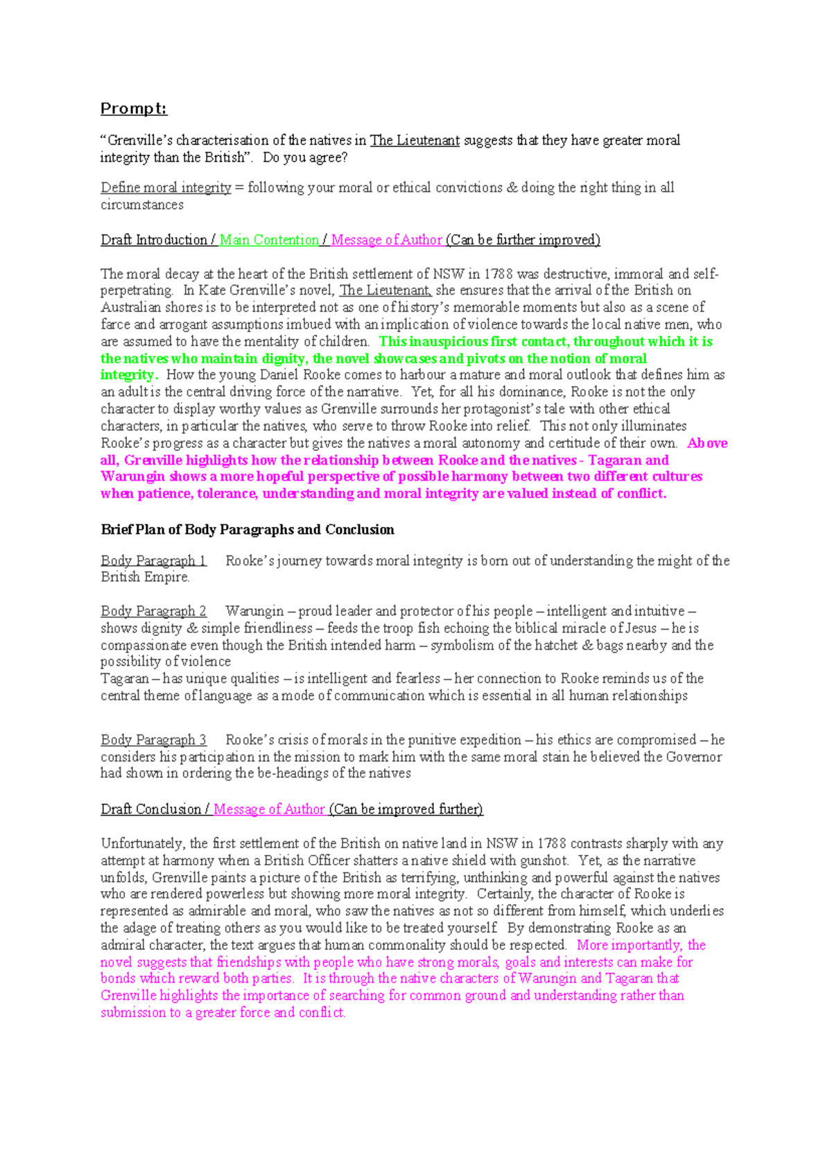 Draft Planning Paper For Analytical Text Response Essay's - Prompt ...