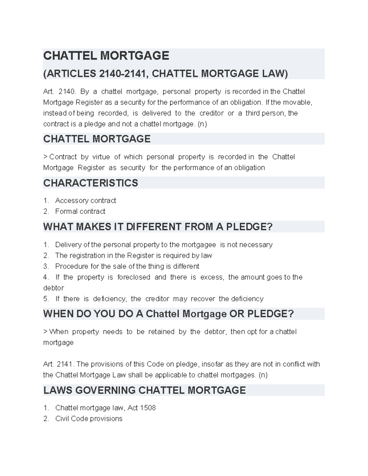 Chattel- Mortgage - Reviewer - CHATTEL MORTGAGE (ARTICLES 2140-2141, CHATTEL MORTGAGE LAW) Art ...