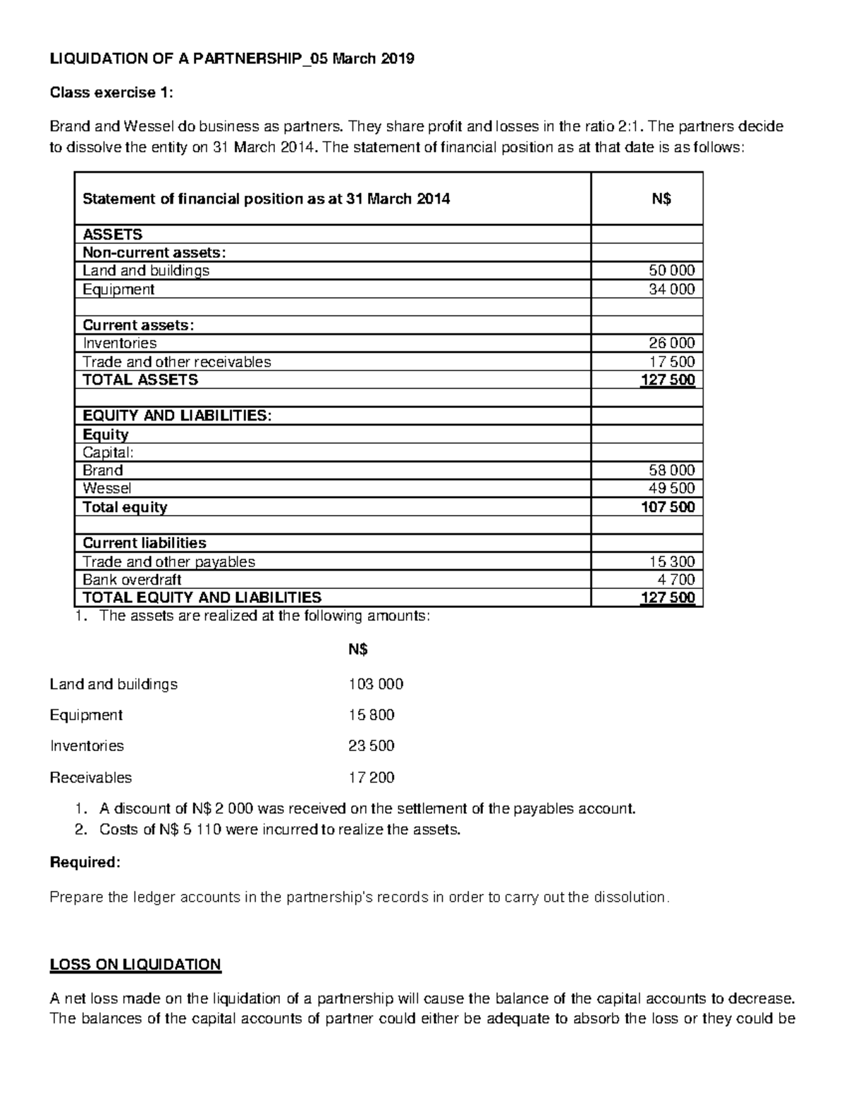 Liquidation of a partnership- class exercises and solutions ...
