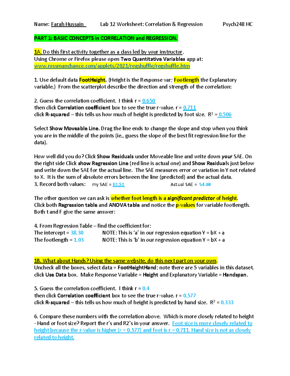 Lab 12 Worksheet Correlation Regression - Name: Farah Hussain Lab 12 ...
