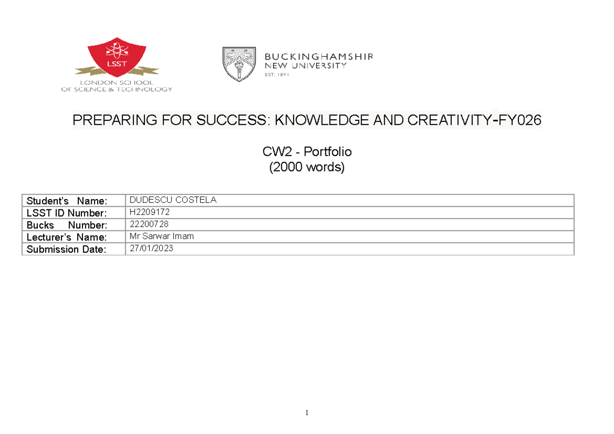 Fy026 Preaparing for sucess knowledge and creativity cw2 - PREPARING FOR SUCCESS: KNOWLEDGE AND ...