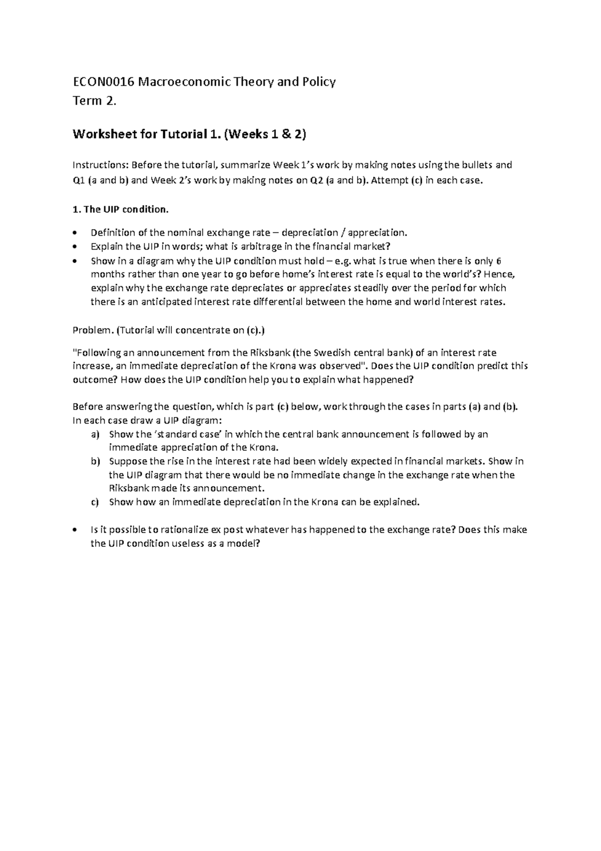 Worksheet for Tutorial 1 - ECON0016 Macroeconomic Theory and Policy ...