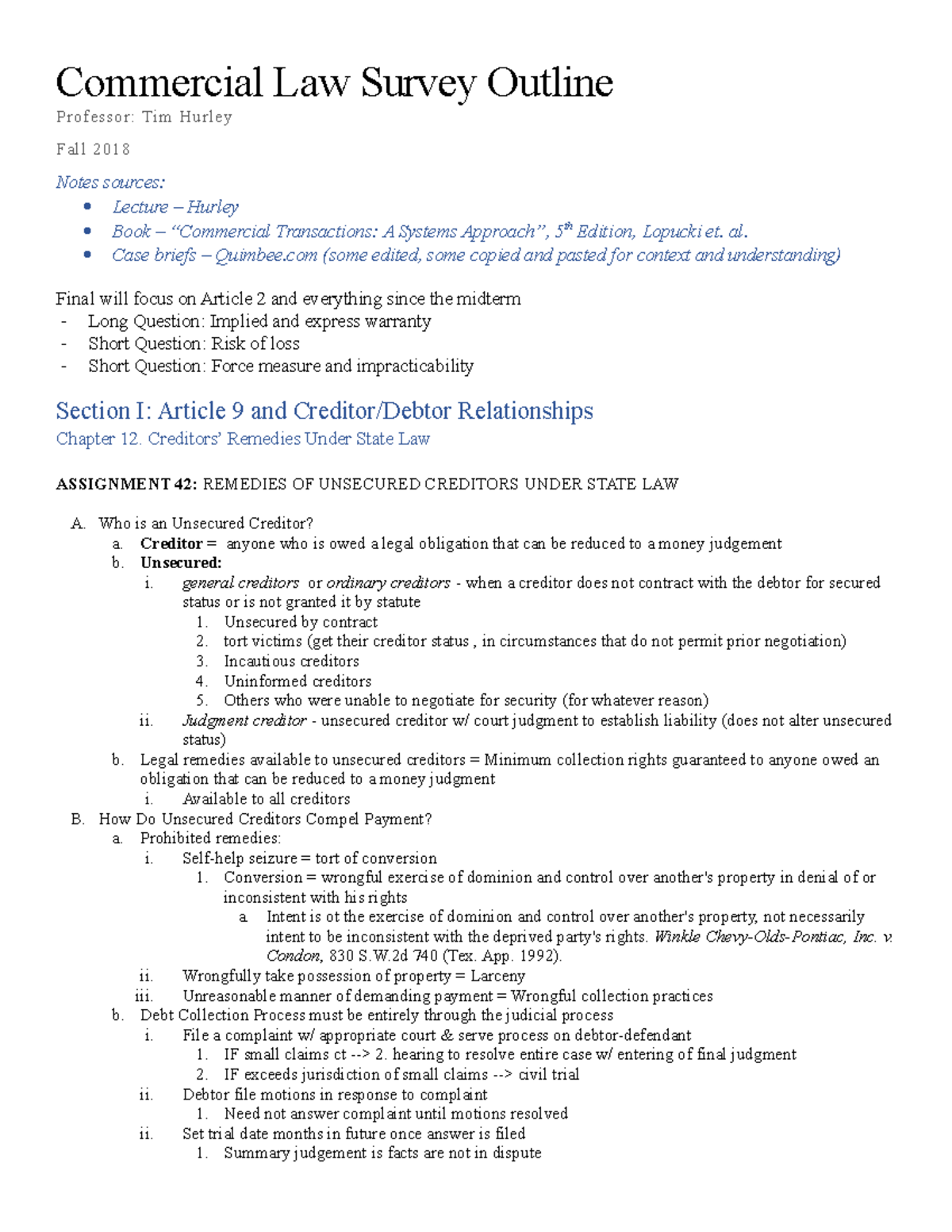 Commercial Law Survey Outline - Commercial Law Survey Outline Professor ...