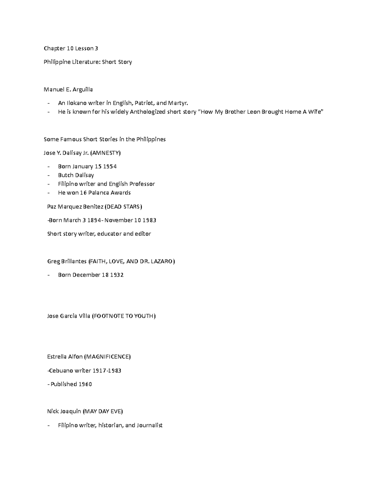 Short Story - Chapter 10 Lesson 3 Philippine Literature: Short Story ...
