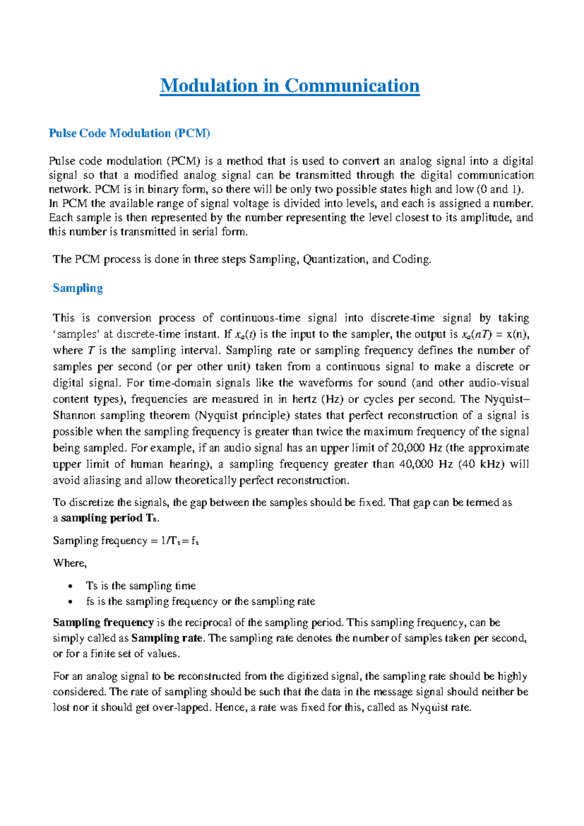 OCN315 Modulation - Modulation in Communication Pulse Code Modulation ...