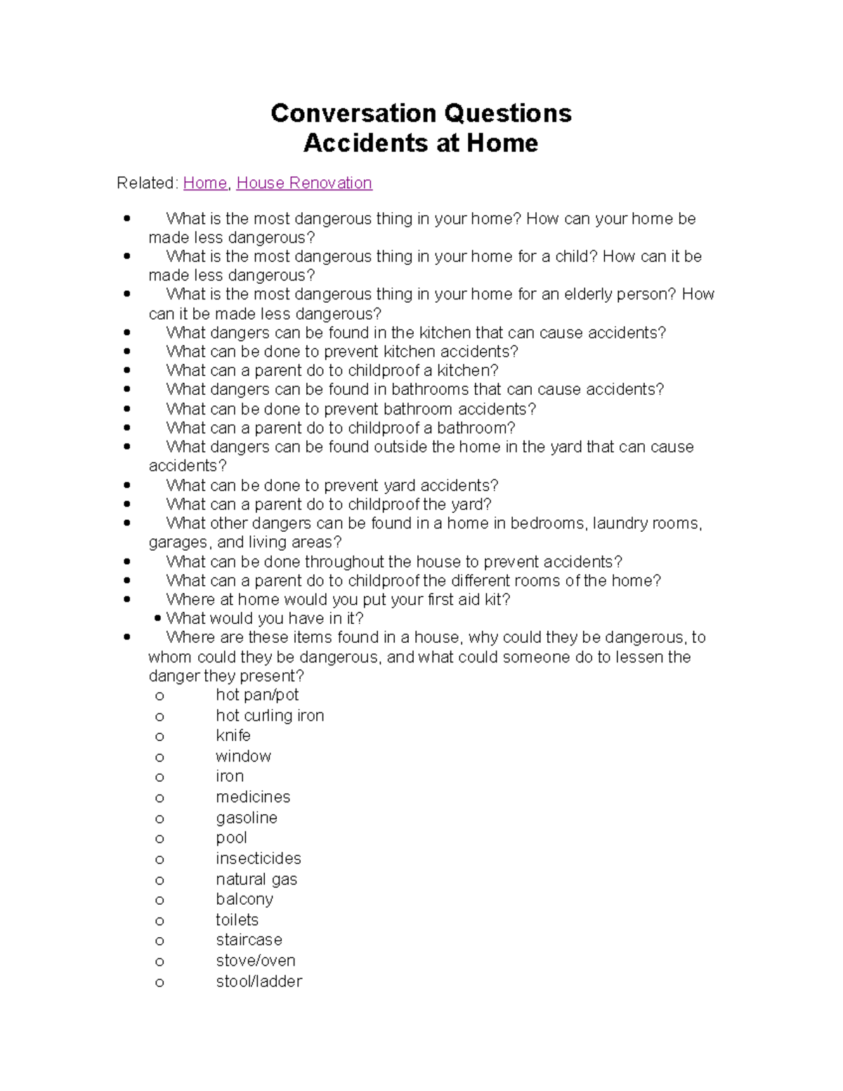 Conversation Questions - Conversation Questions Accidents at Home ...