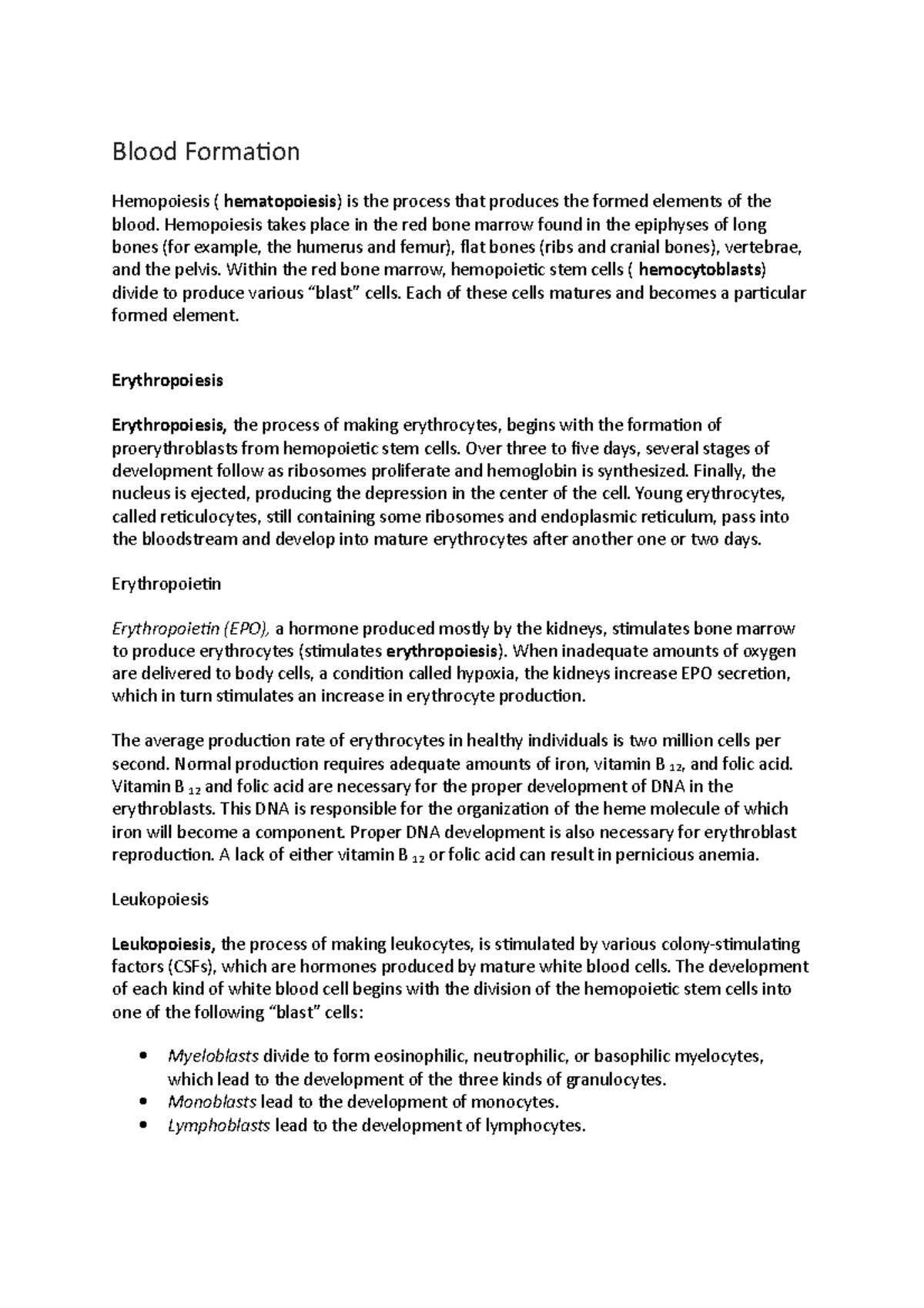 Blood formation - lecture notes - Blood Formation Hemopoiesis ...