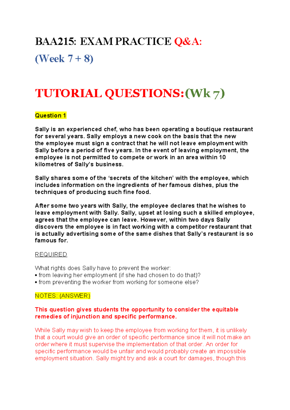 BAA215- EXAM Practice Questions - BAA215: EXAM PRACTICE Q&A: (Week 7 + 8) TUTORIAL QUESTIONS:(Wk ...