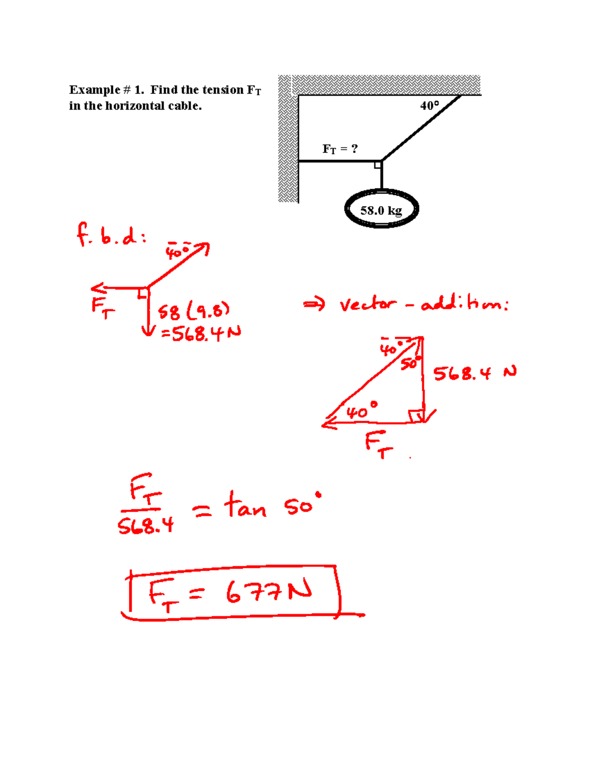 Equilibrium worked out examples - Example # 1. Find the tension FT in the horizontal cable. 40 ...