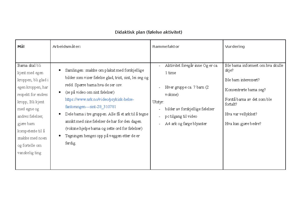Didaktisk plan (følelser aktivitet) emosjonell utvikling - Didaktisk ...