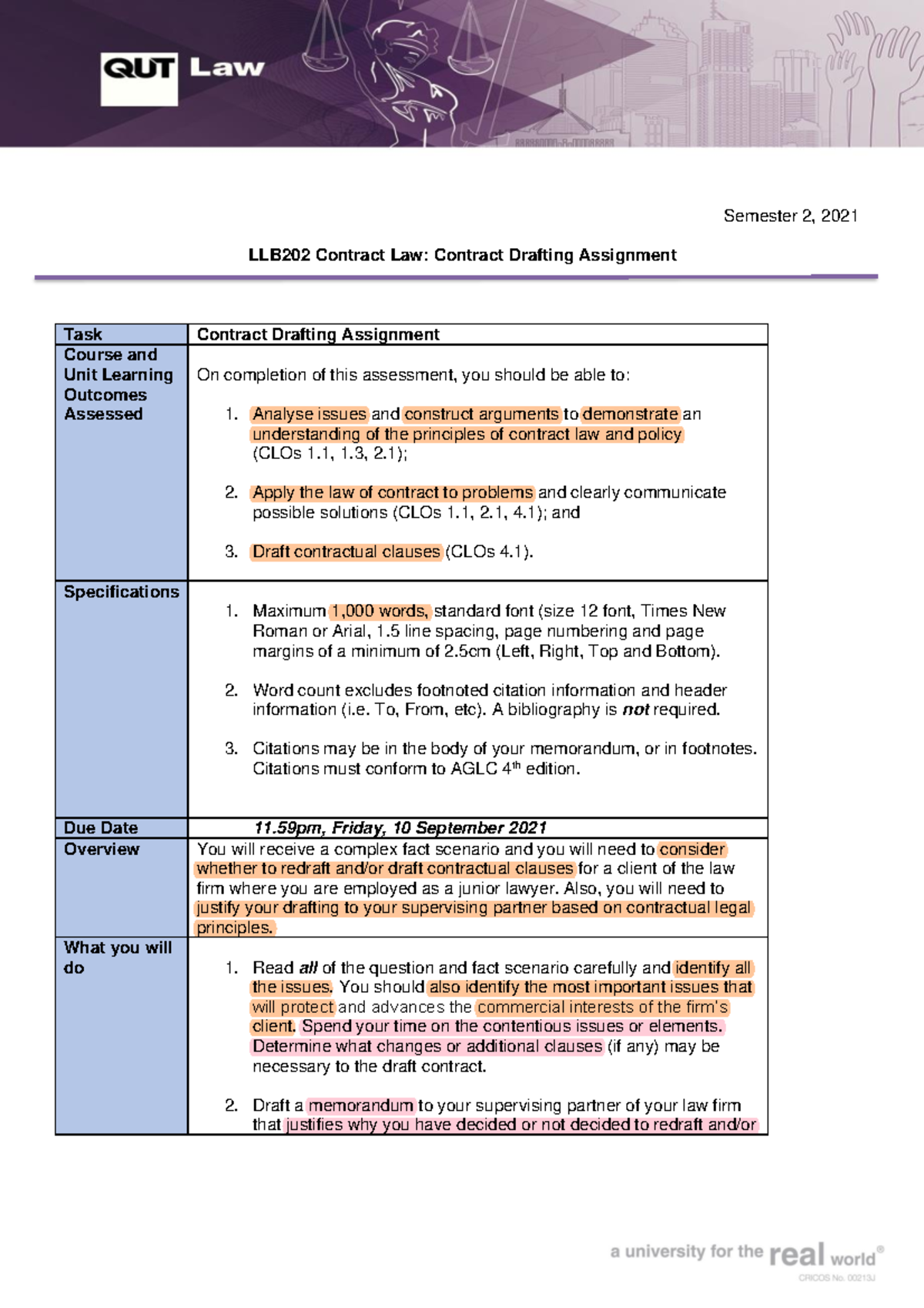 LLB202 - Contract Drafting Assignment (Final i) - Semester 2, 2021 ...