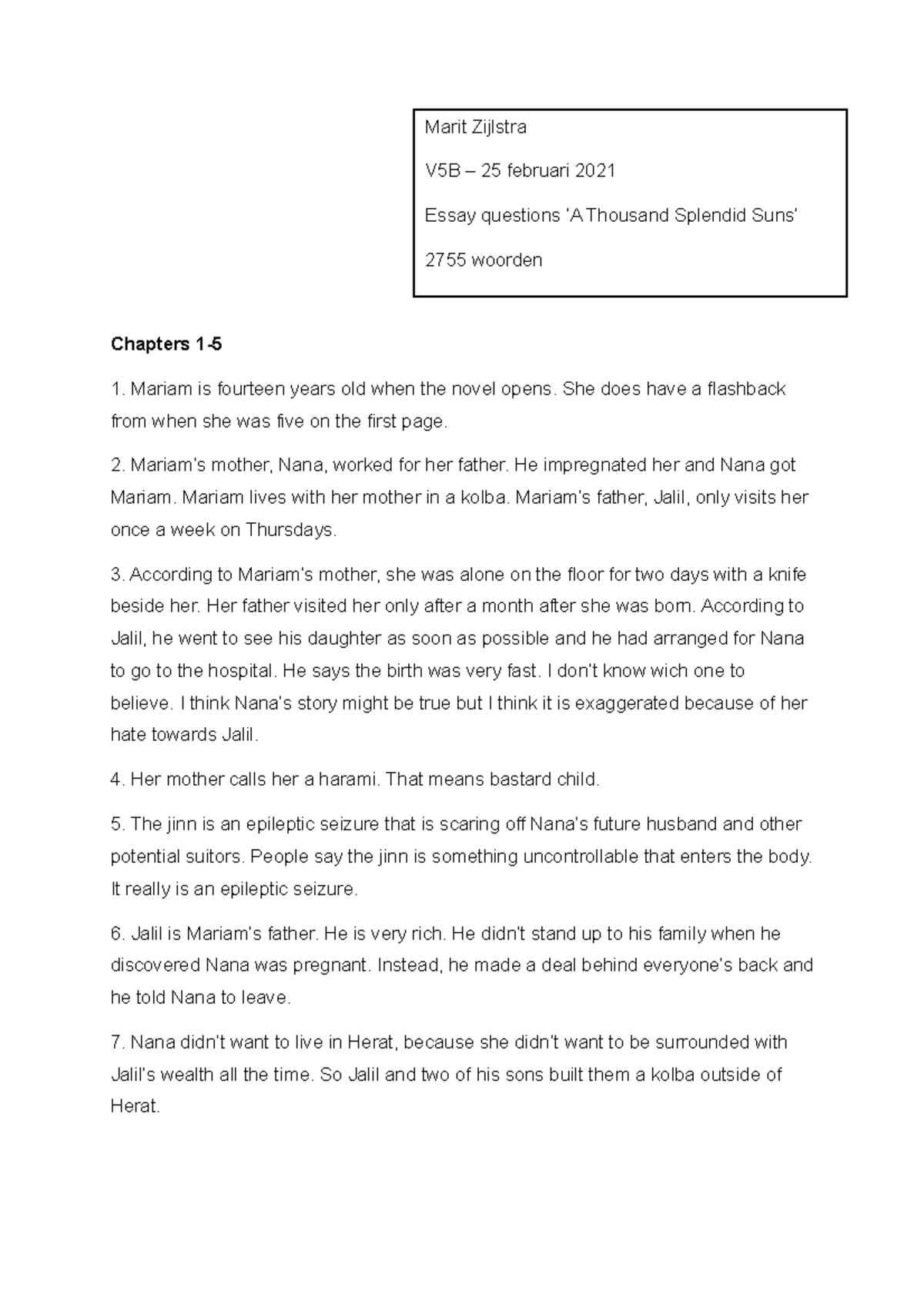 A thousand splendid suns - Chapters 1- Mariam is fourteen years old ...