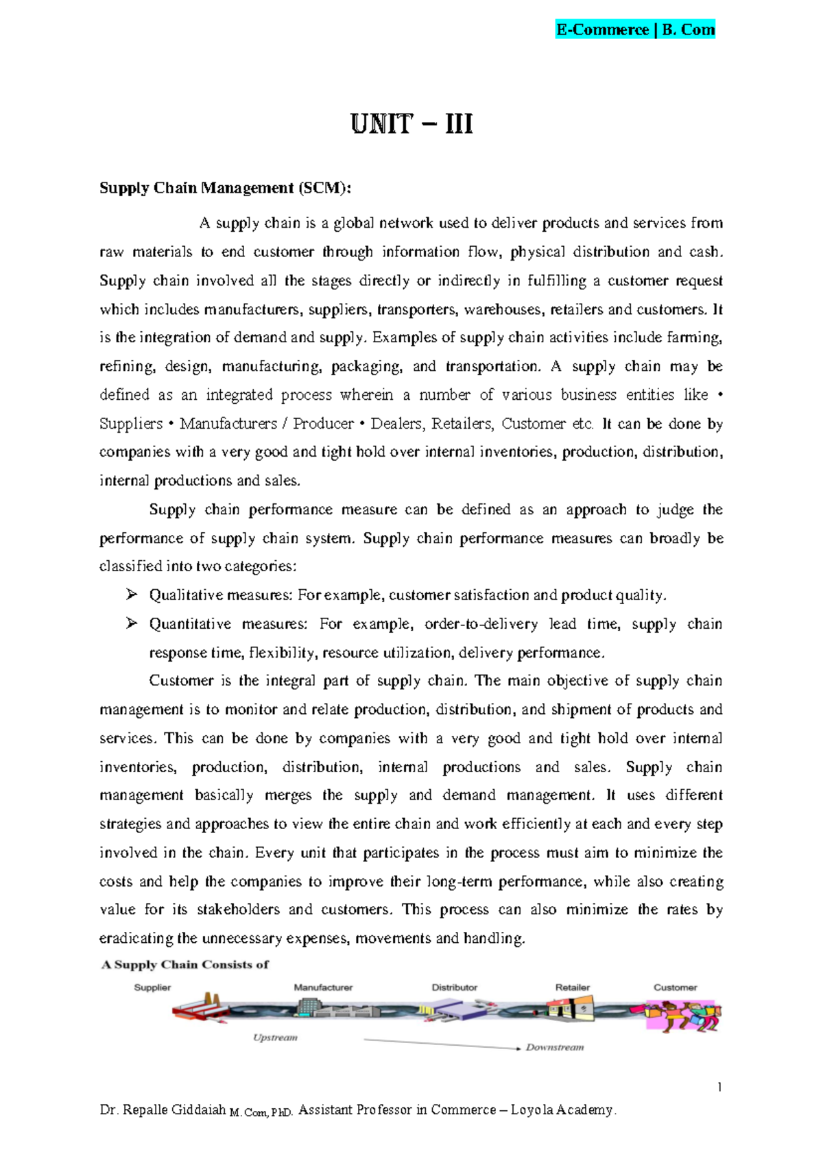 Unit - III - E Commerce - 1 UNIT – III Supply Chain Management (SCM): A ...