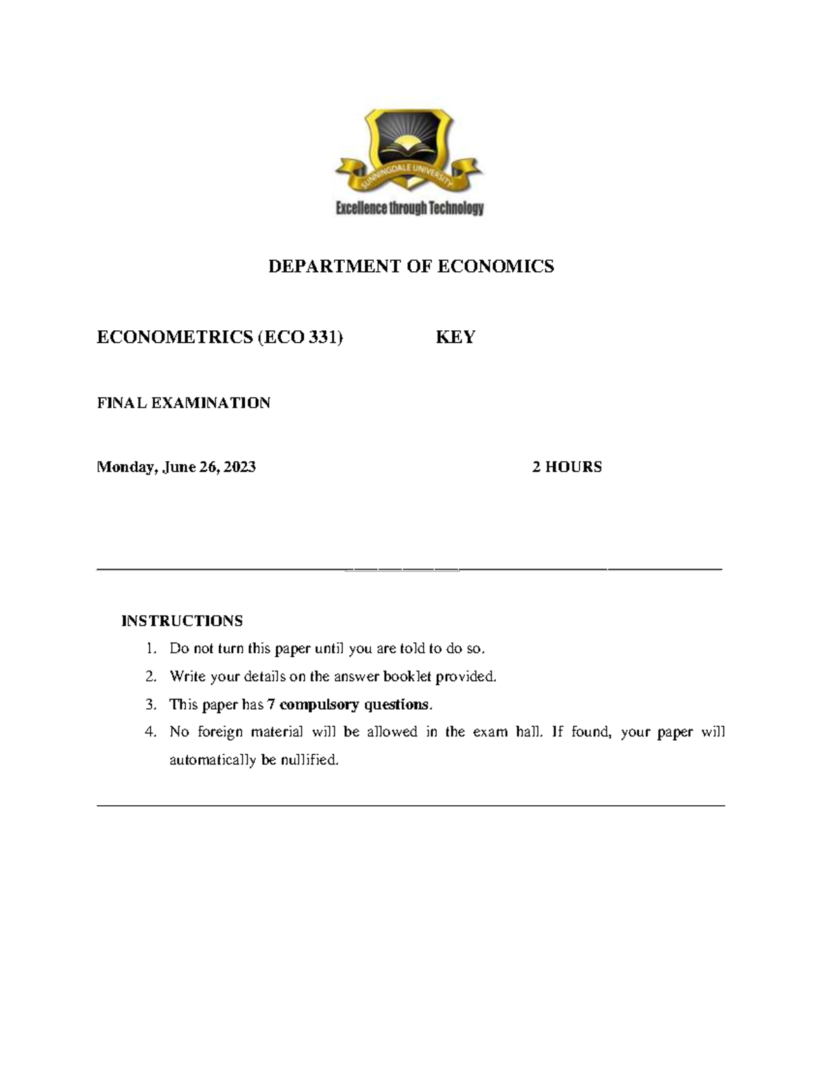Econometrics (ECO 331) KEY - DEPARTMENT OF ECONOMICS ECONOMETRICS (ECO ...