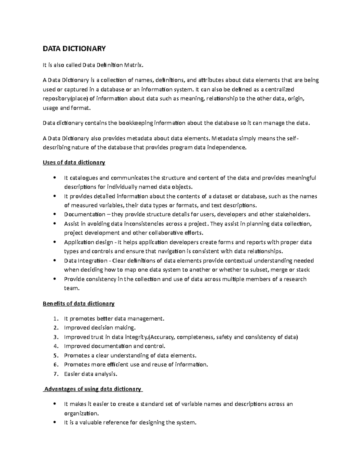 DATA Dictionary101_ Database - DATA DICTIONARY It is also called Data ...