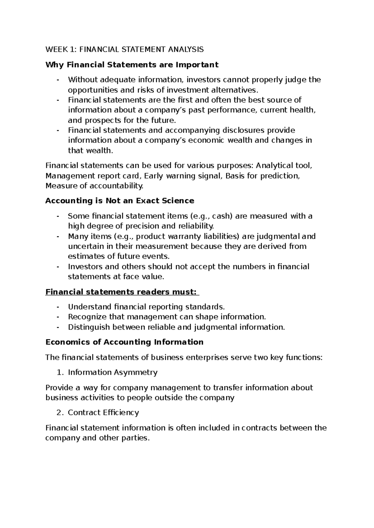 WEEK 1 FSA - NOTES - WEEK 1: FINANCIAL STATEMENT ANALYSIS Why Financial ...