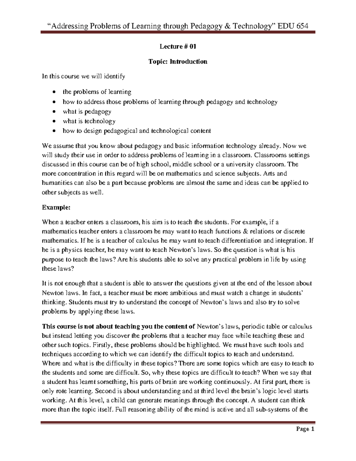 EDU654 handouts 1 45 - Lecture # 01 Topic: Introduction In this course ...
