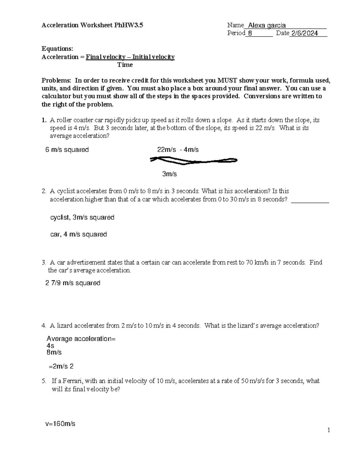 Acceleration Worksheet - You must also place a box around your final ...