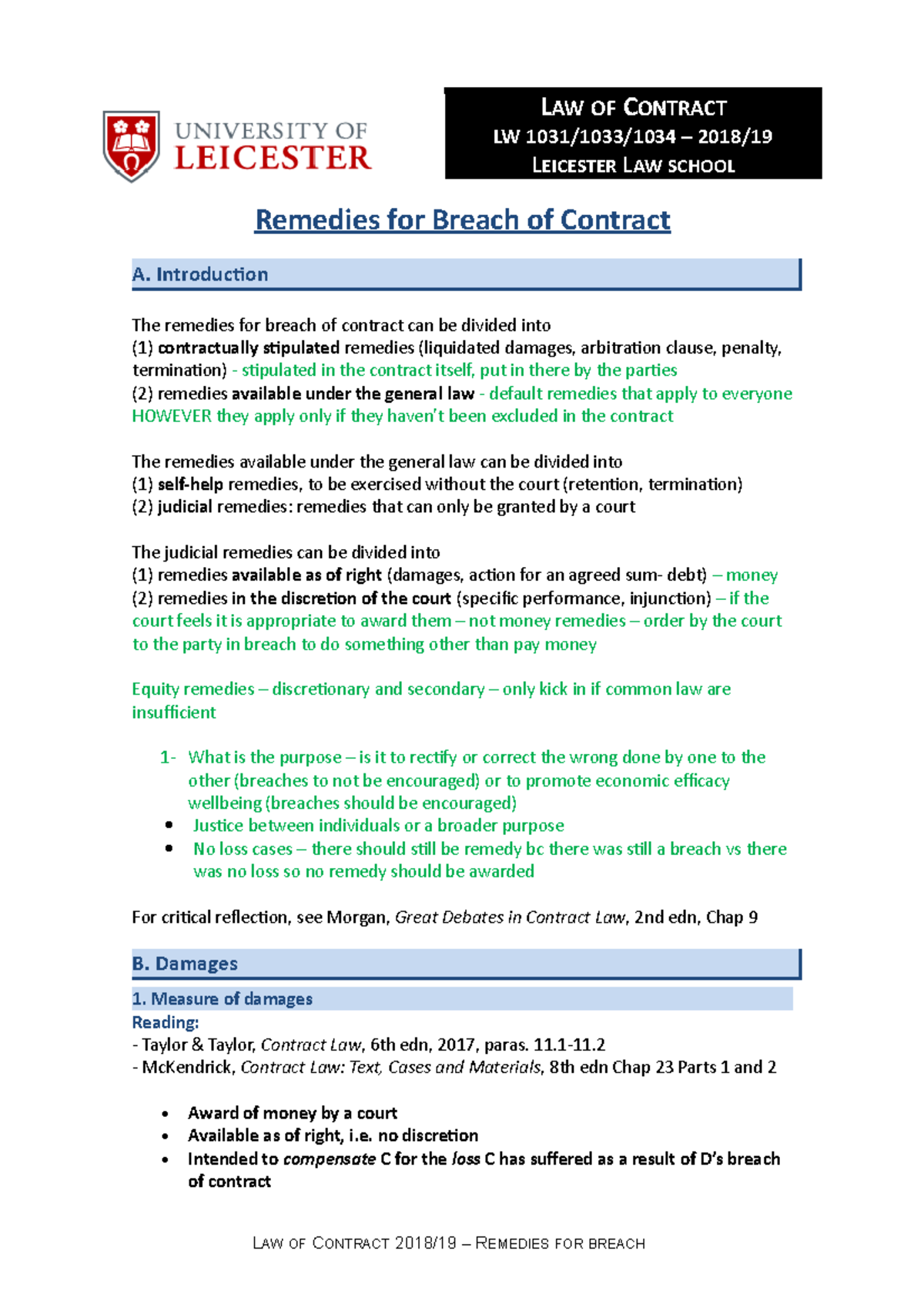 Contract Law 2019 8. Remedies Lecture Handout - LAW OF CONTRACT LW 1031 ...