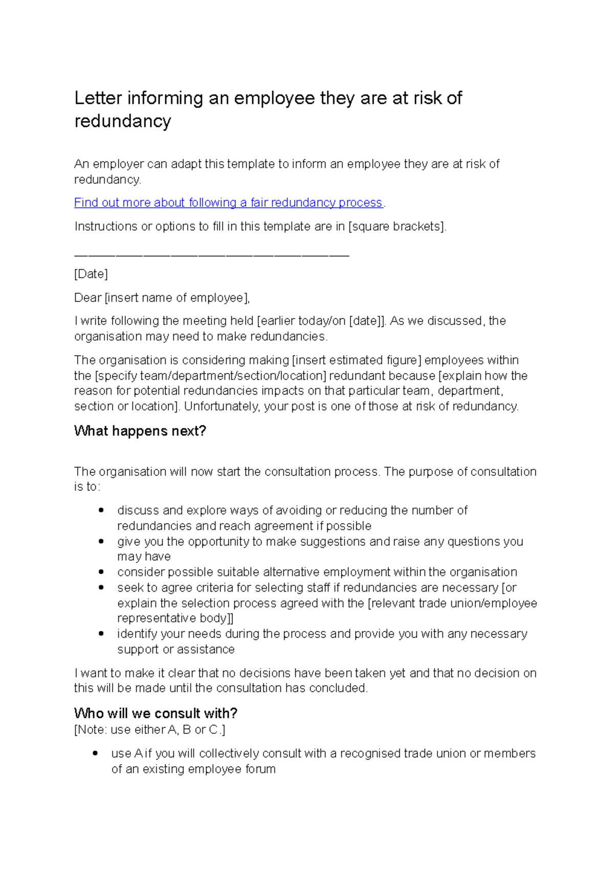 Letter informing an employee risk of redundancy - Letter informing an ...