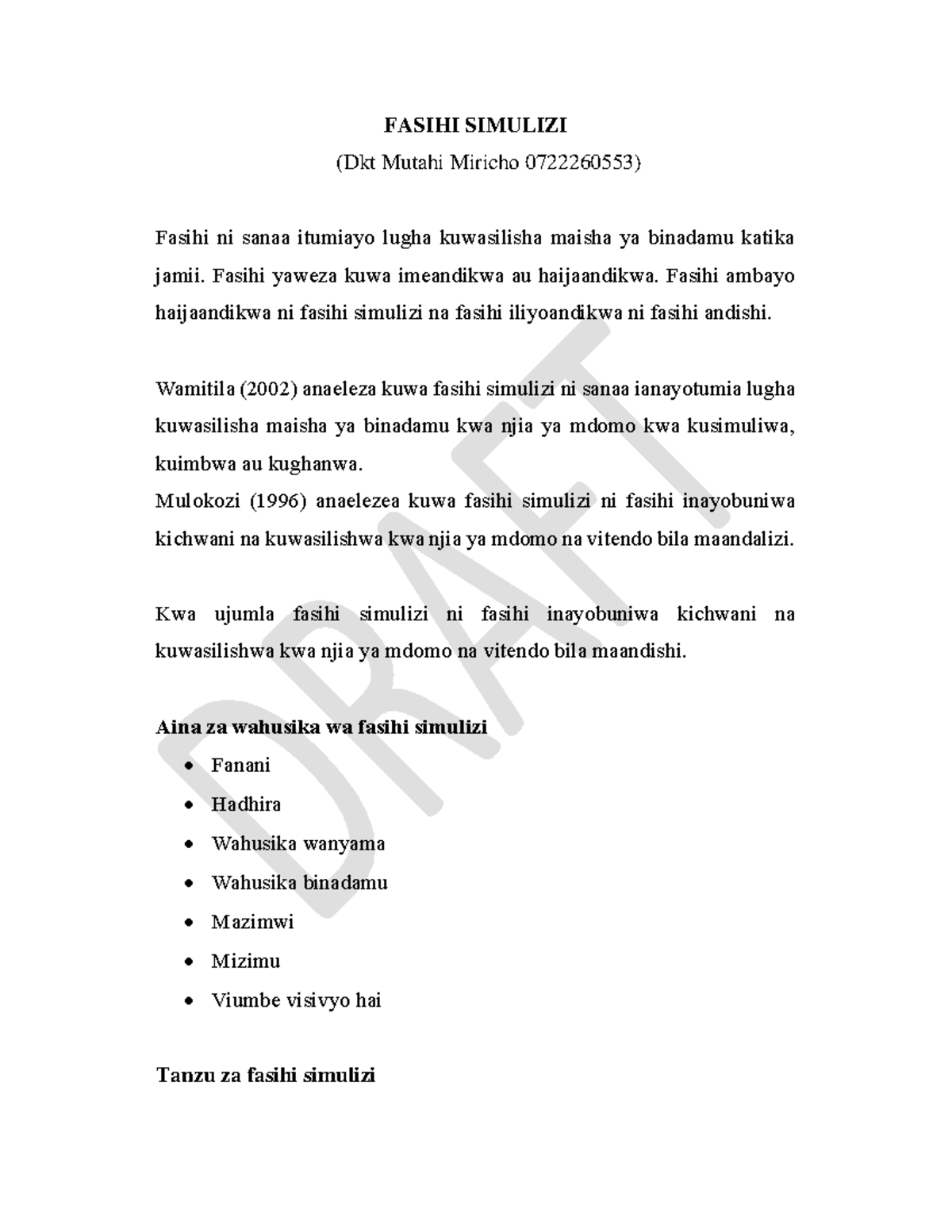 MUT, Fasihi Simulizi Notes - FASIHI SIMULIZI (Dkt Mutahi Miricho ...