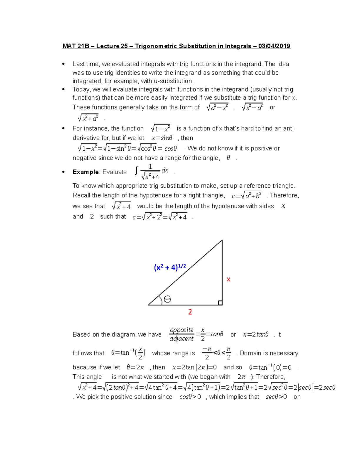MAT 21B – Lecture 25 – Trigonometric Substitution in Integrals - MAT 21B – Lecture 25 – - Studocu