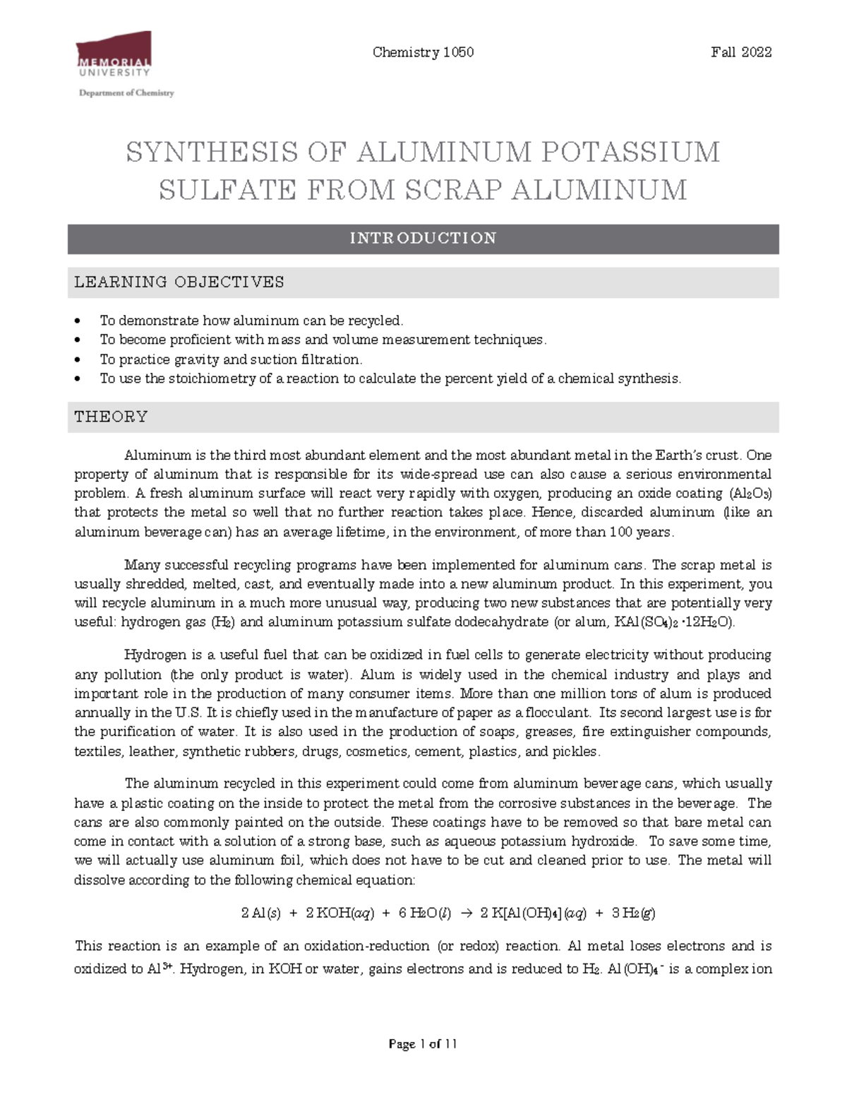 Chemistry 1050 Fall 2022: Synthesis of Aluminum Potassium Sulfate from ...