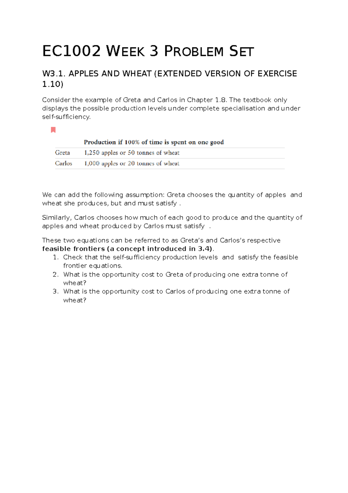 EC1002 Week 3 PS - EC1002 WEEK 3 PROBLEM SET W3. APPLES AND WHEAT ...