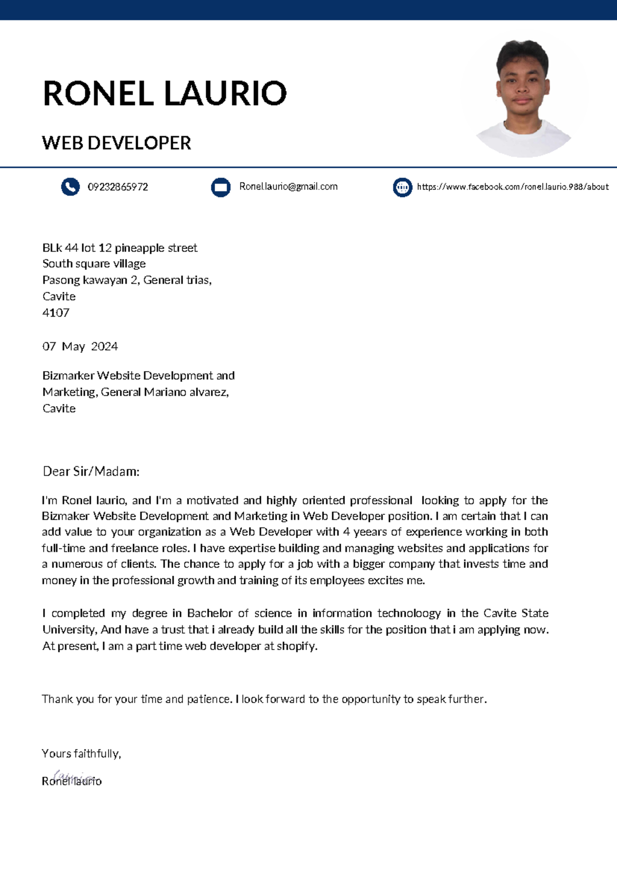 White Simple Job Application Documen A4 - RONEL LAURIO WEB DEVELOPER 09232865972 Ronel@gmail ...