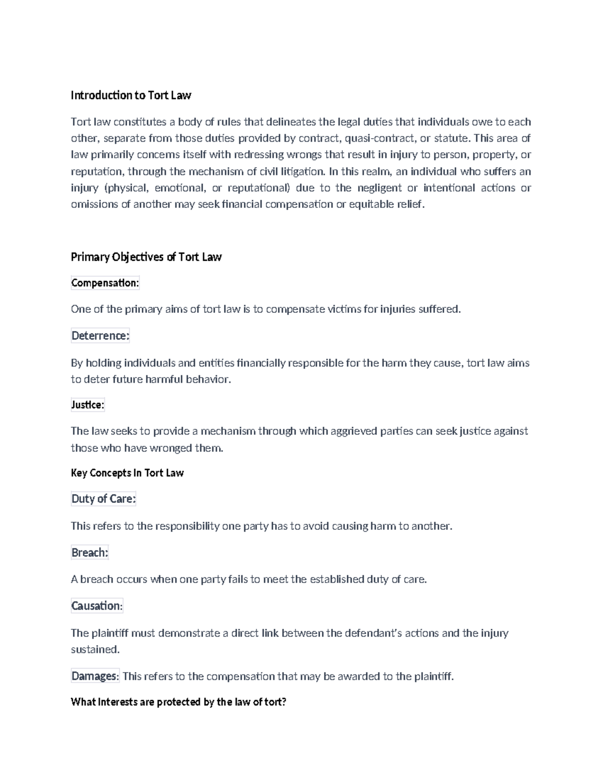 Tort law lecture 1 - Introduction to Tort Law Tort law constitutes a ...