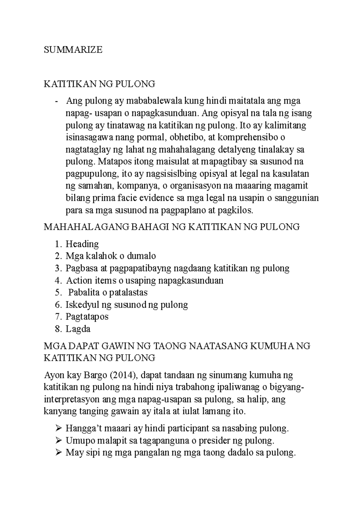 Katitikan-NG- Pulong - notes - SUMMARIZE KATITIKAN NG PULONG Ang pulong ...
