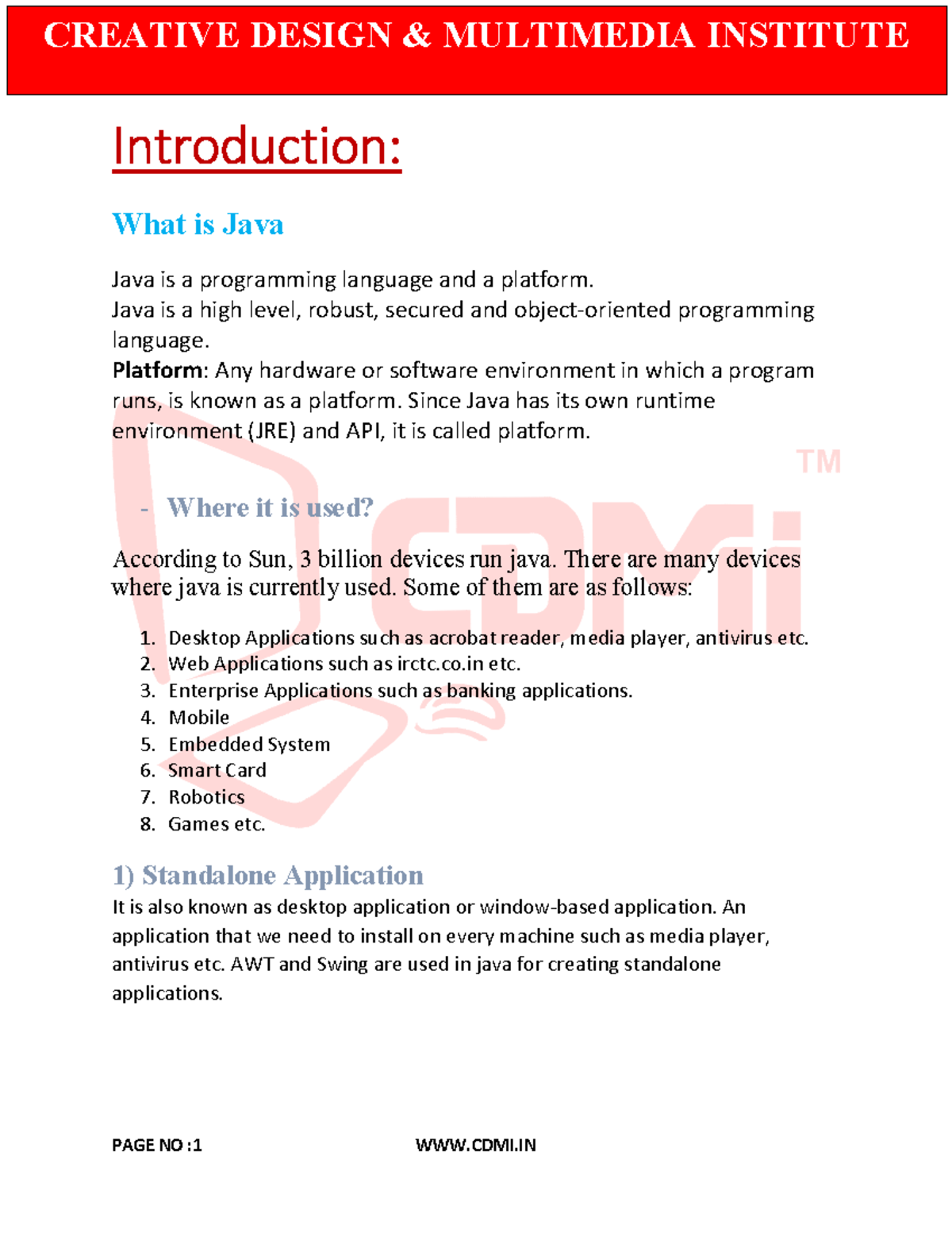 Introduction to Java - CREATIVE DESIGN & MULTIMEDIA INSTITUTE ...