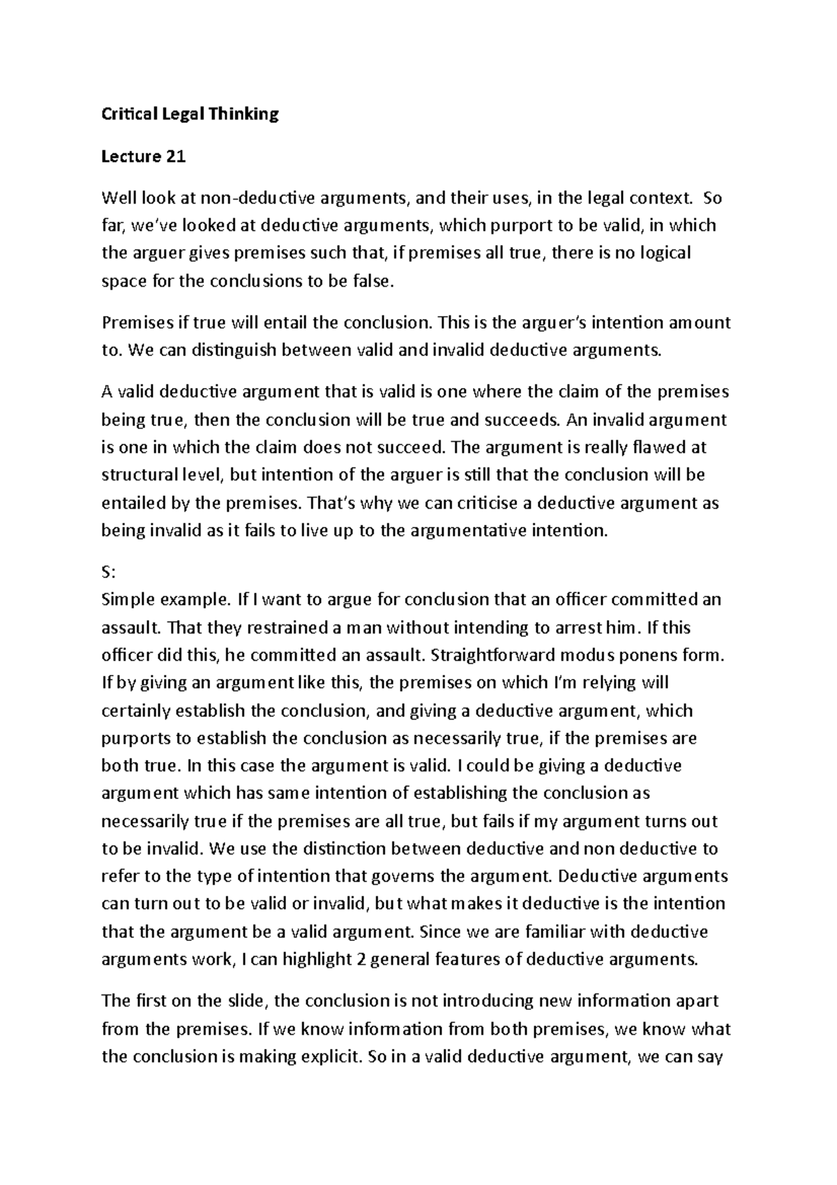 Critical Legal Thinking Lecture 21 - So far, we’ve looked at deductive ...