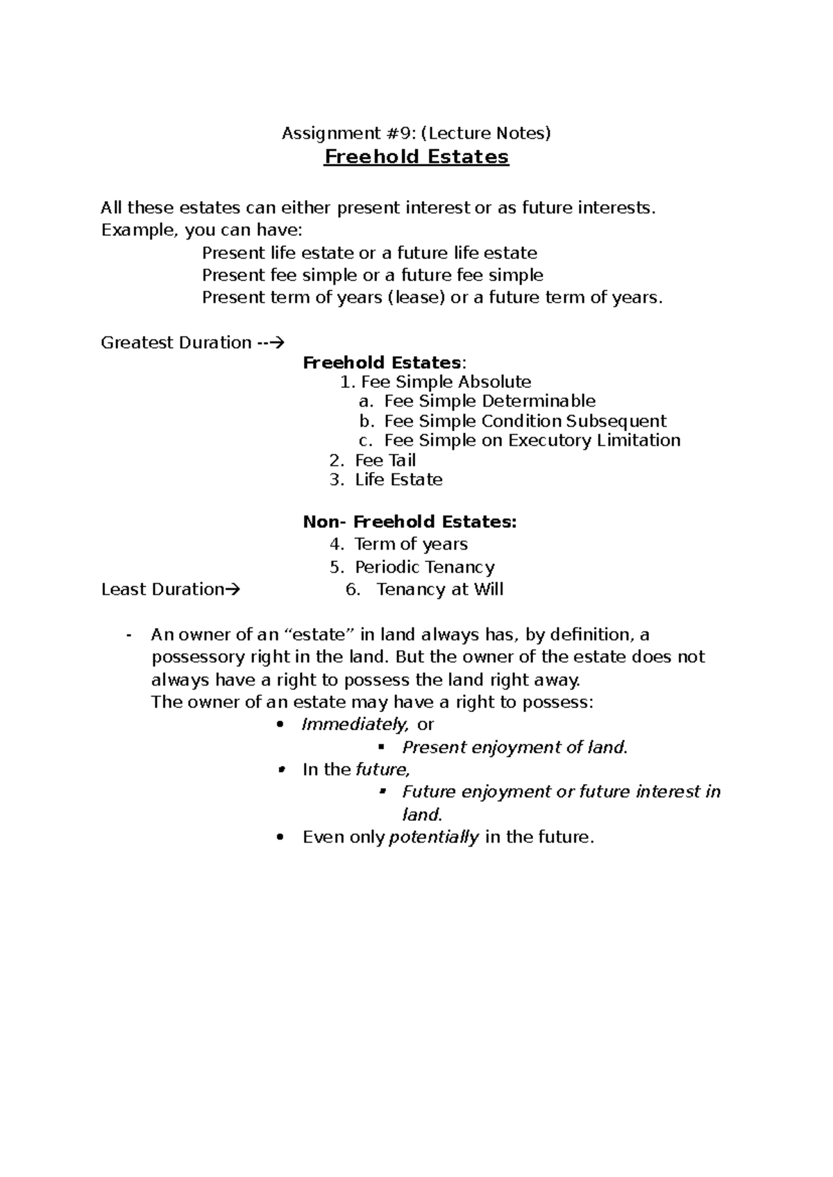 Assignment #9- Freehold Estates - Assignment #9: (Lecture Notes ...