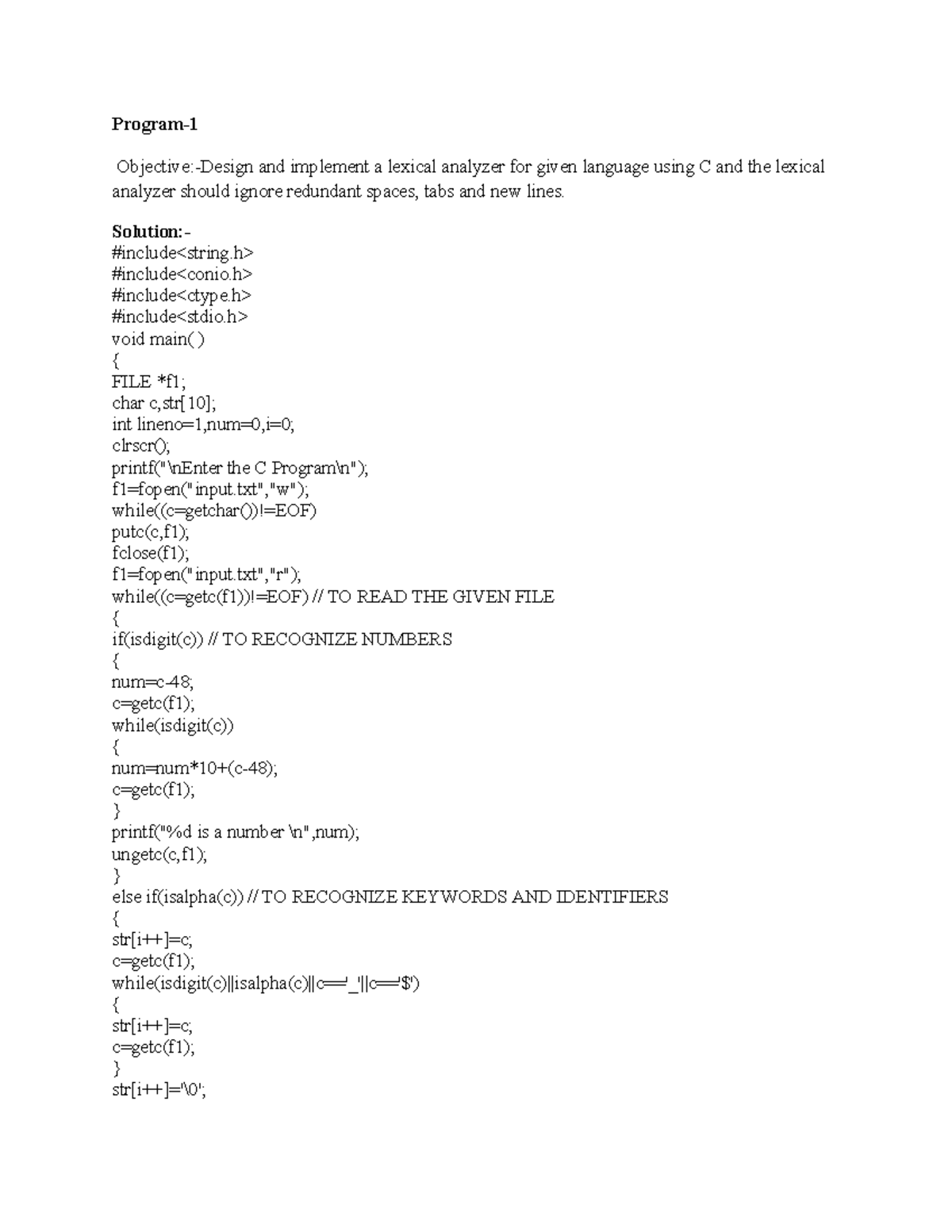 CD Program-1 - Program- Objective:-Design and implement a lexical analyzer for given language ...
