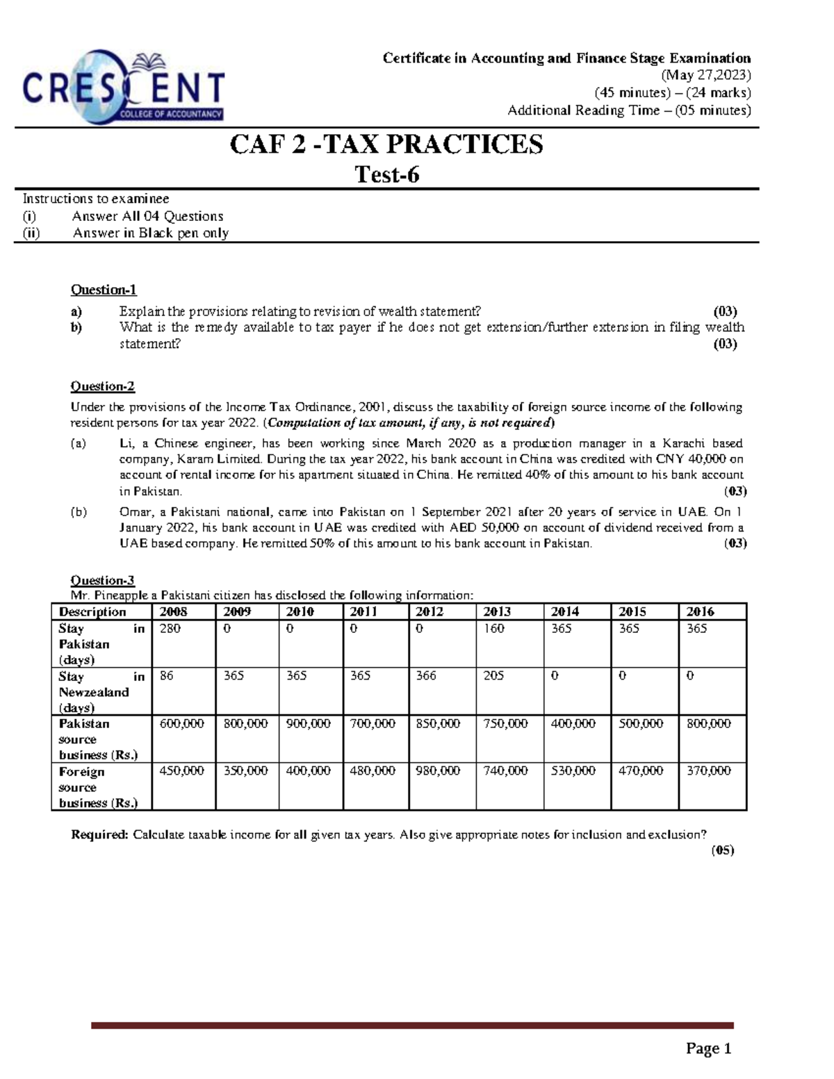 Tax Test 6 - practice question - Page 1 Certificate in Accounting and ...