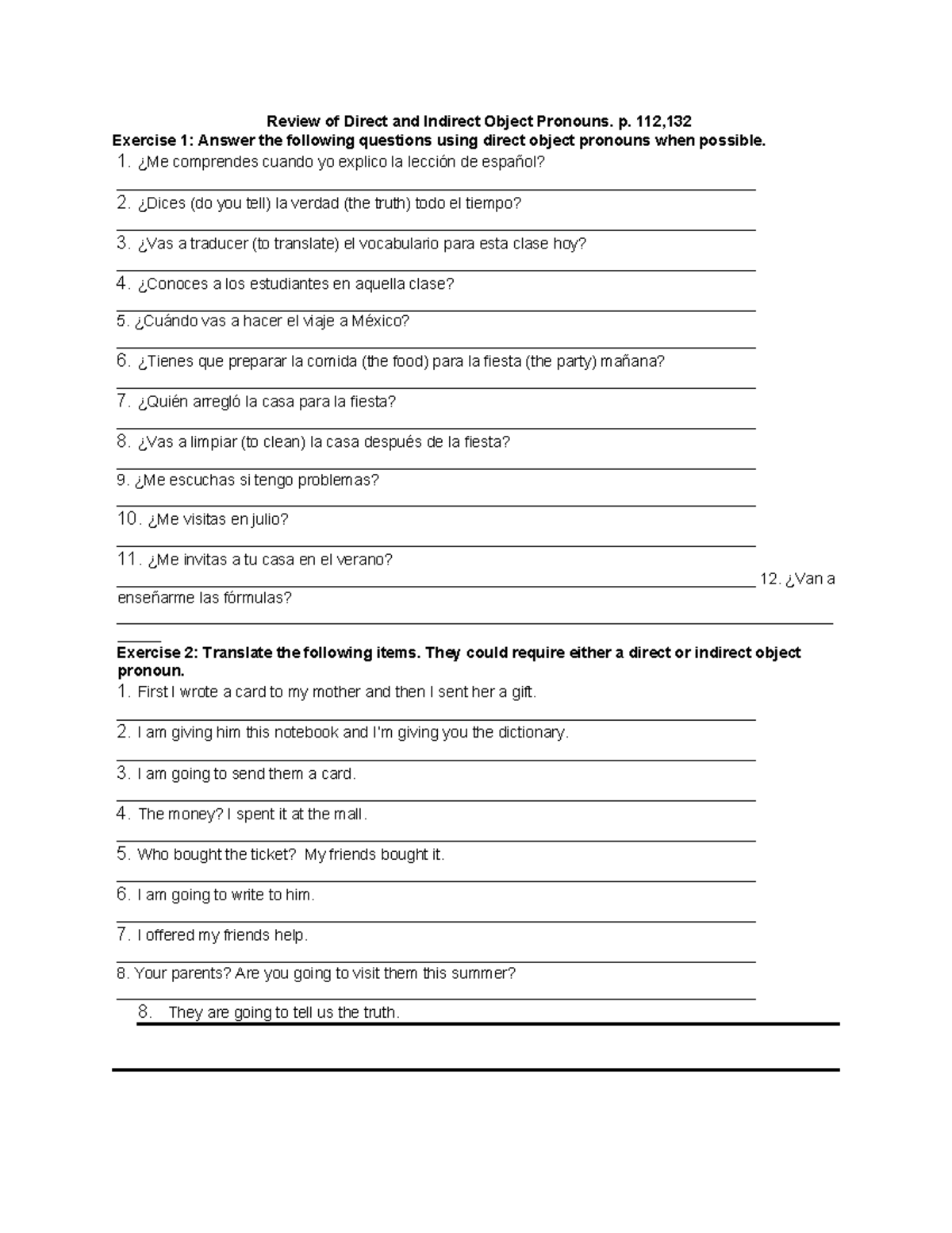 Direct and Indirect Object Pronouns - p. 112, Exercise 1: Answer the ...