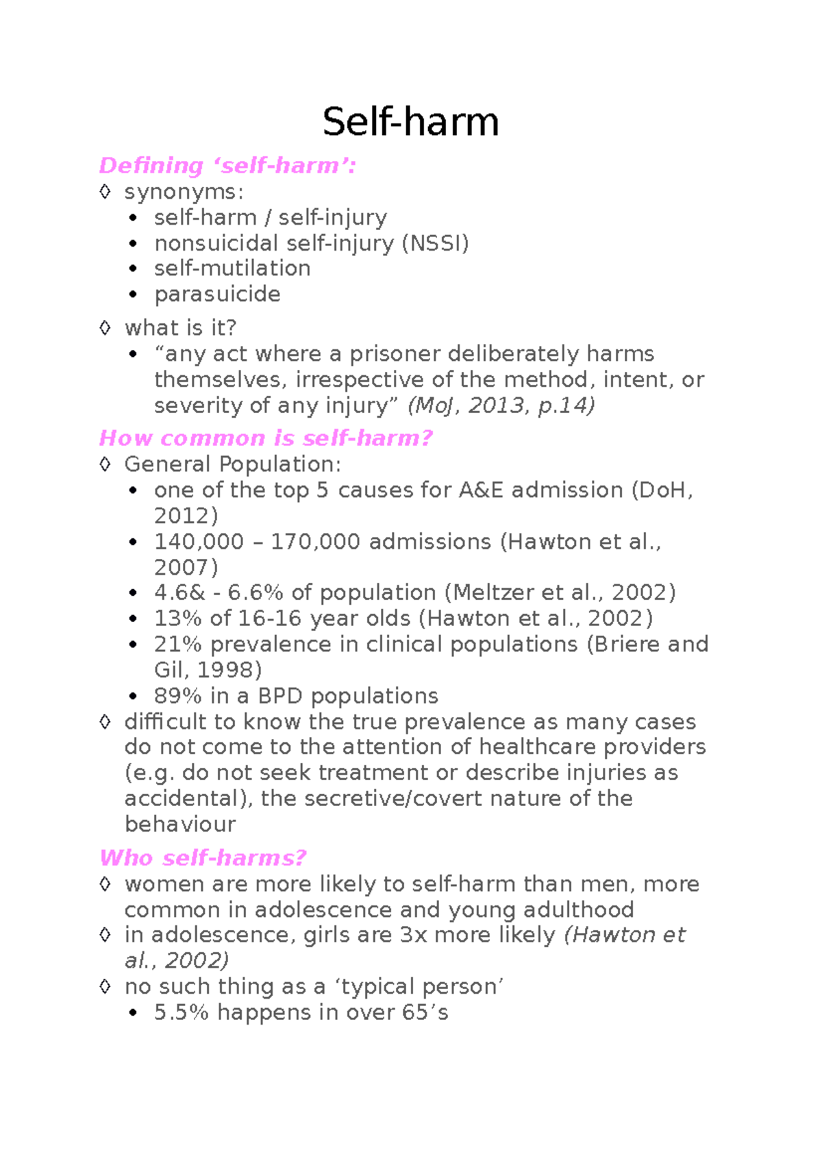 Forensic Mental Health - Self-harm Defining ‘self-harm’: synonyms: self ...
