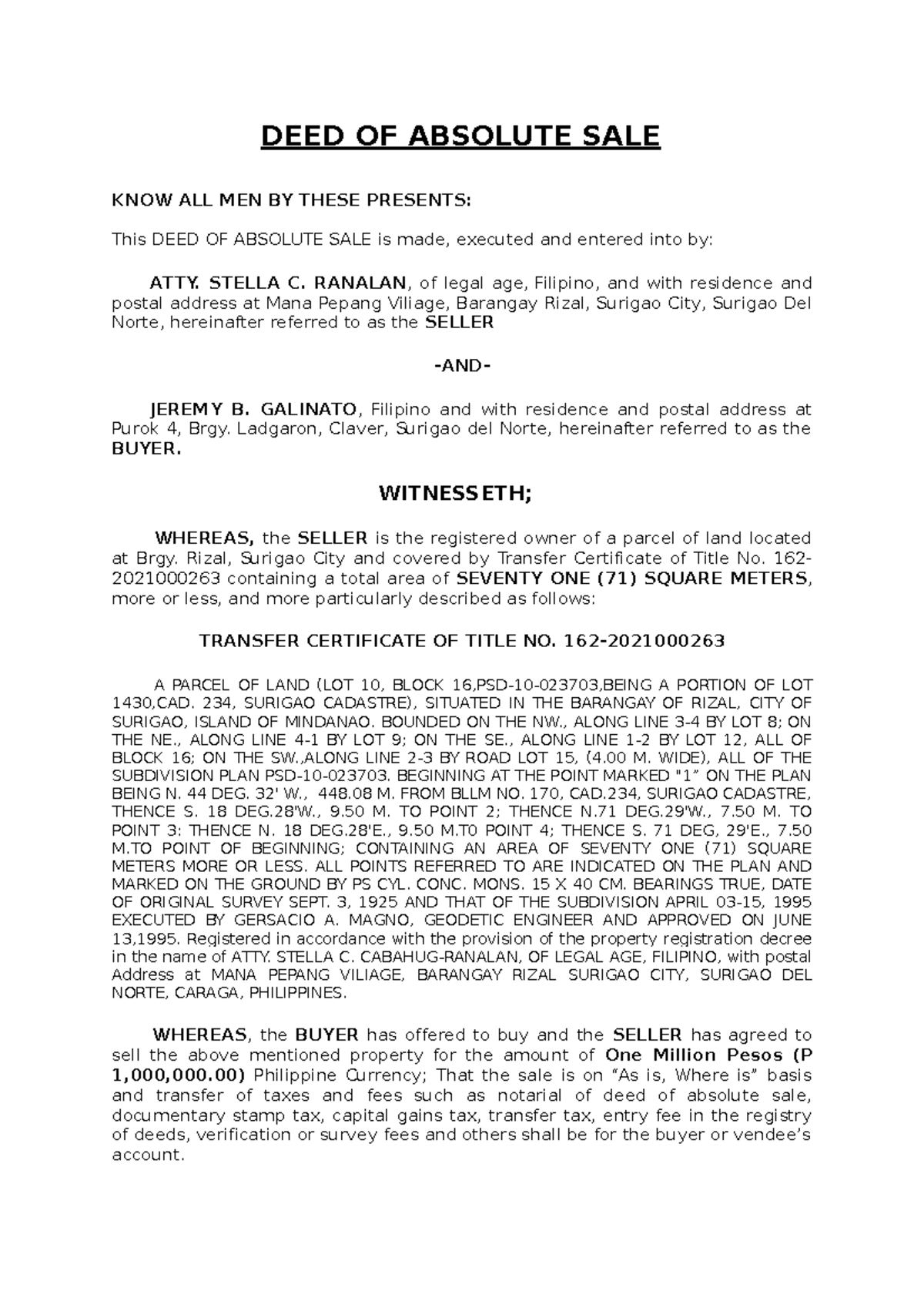 DEED OF Absolute SALE - hgcfyhc - DEED OF ABSOLUTE SALE KNOW ALL MEN BY THESE PRESENTS: This ...