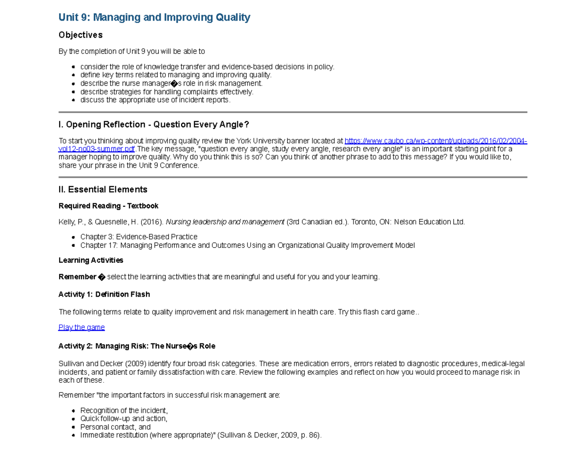 Unit 9 - Managing and Improving Quality - Unit 9: Managing and ...
