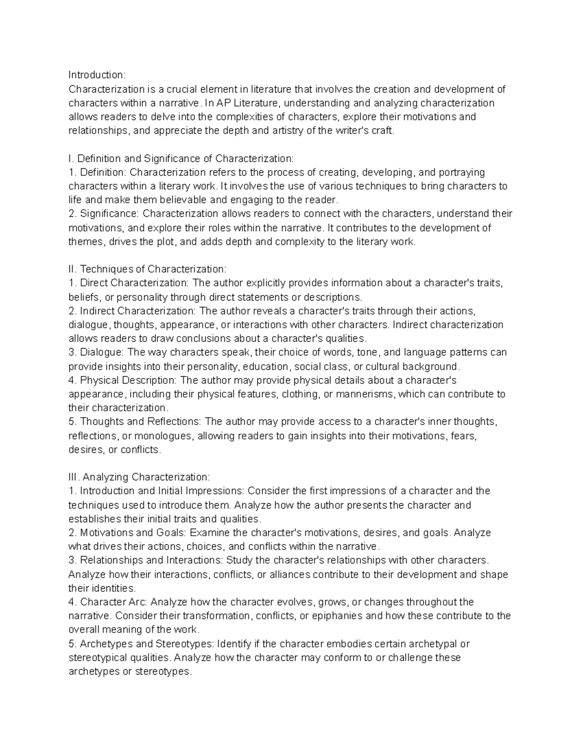 Characterization in AP Literature - Introduction: Characterization is a ...