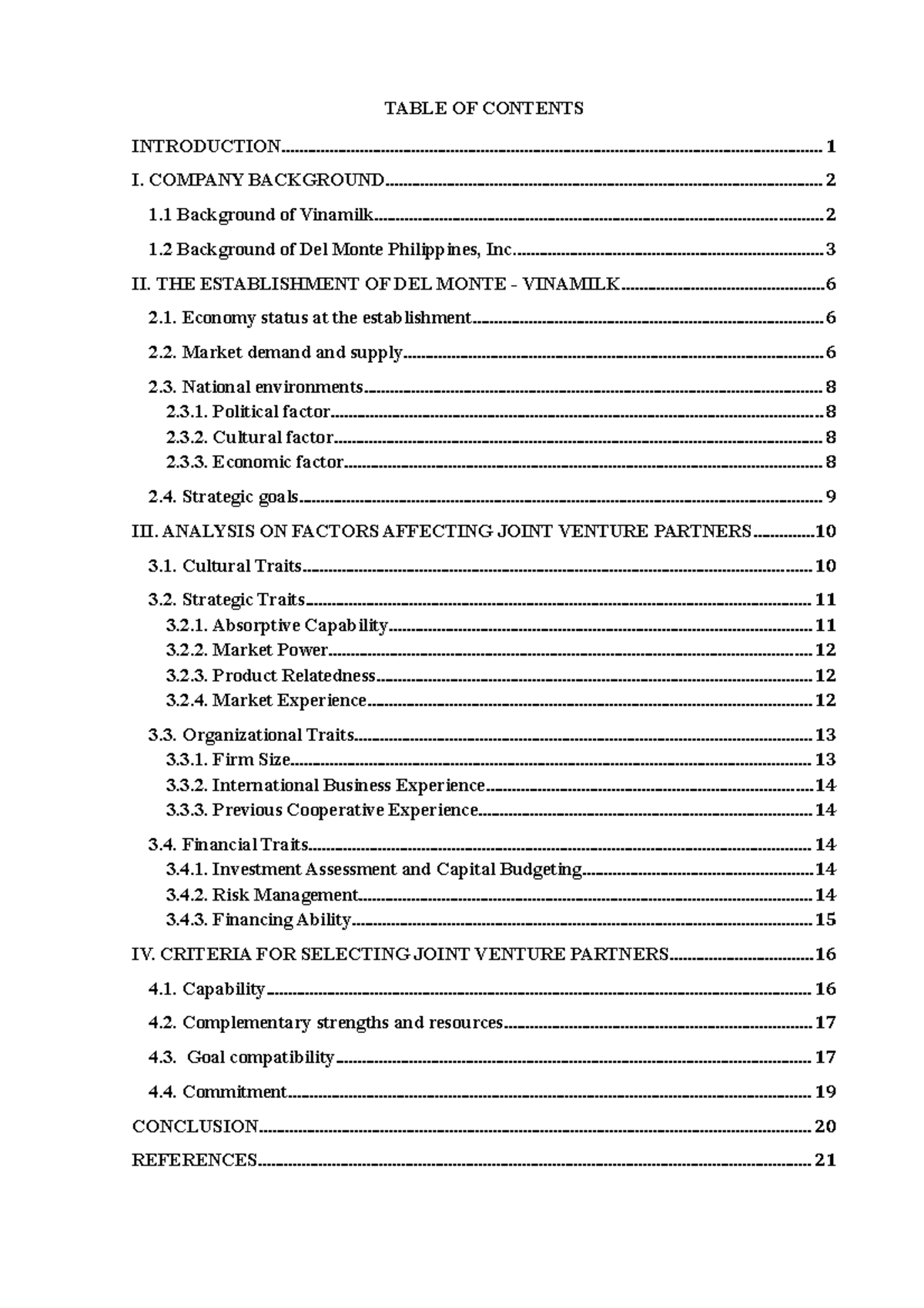 Vinamilk-Joint-venture - TABLE OF CONTENTS - Studocu
