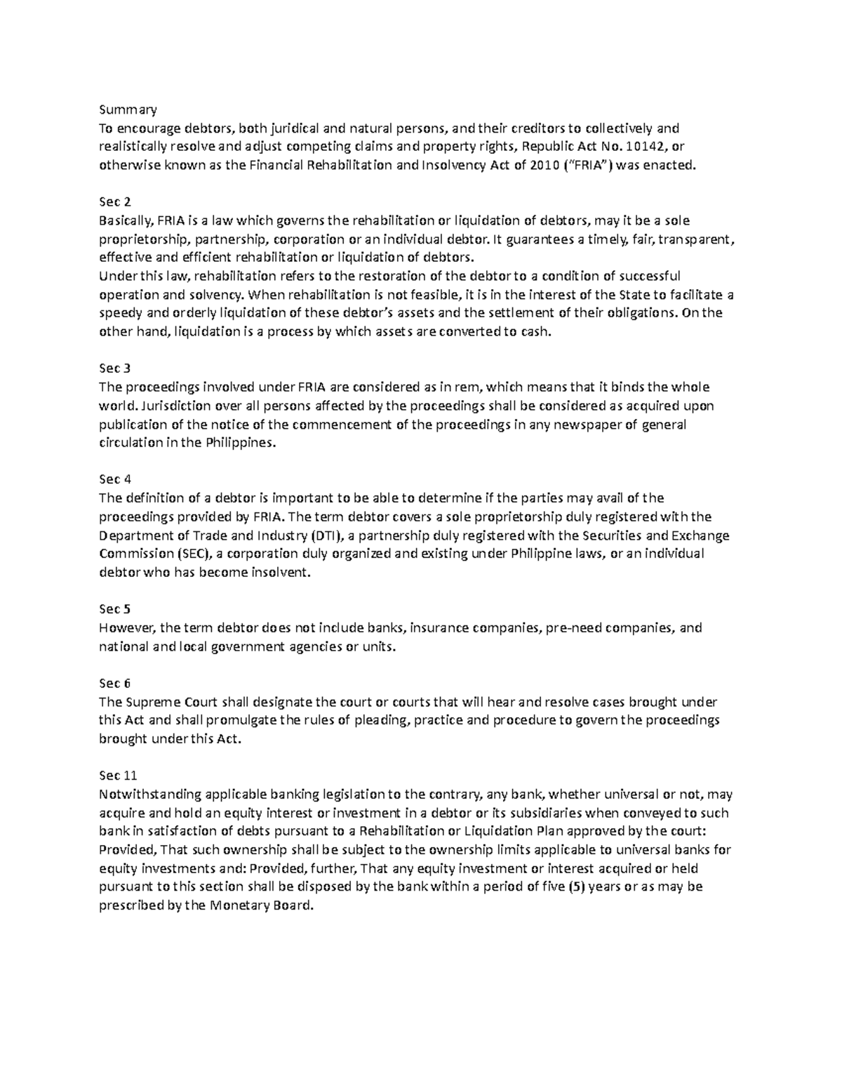 FRIA - fria - Summary To encourage debtors, both juridical and natural ...