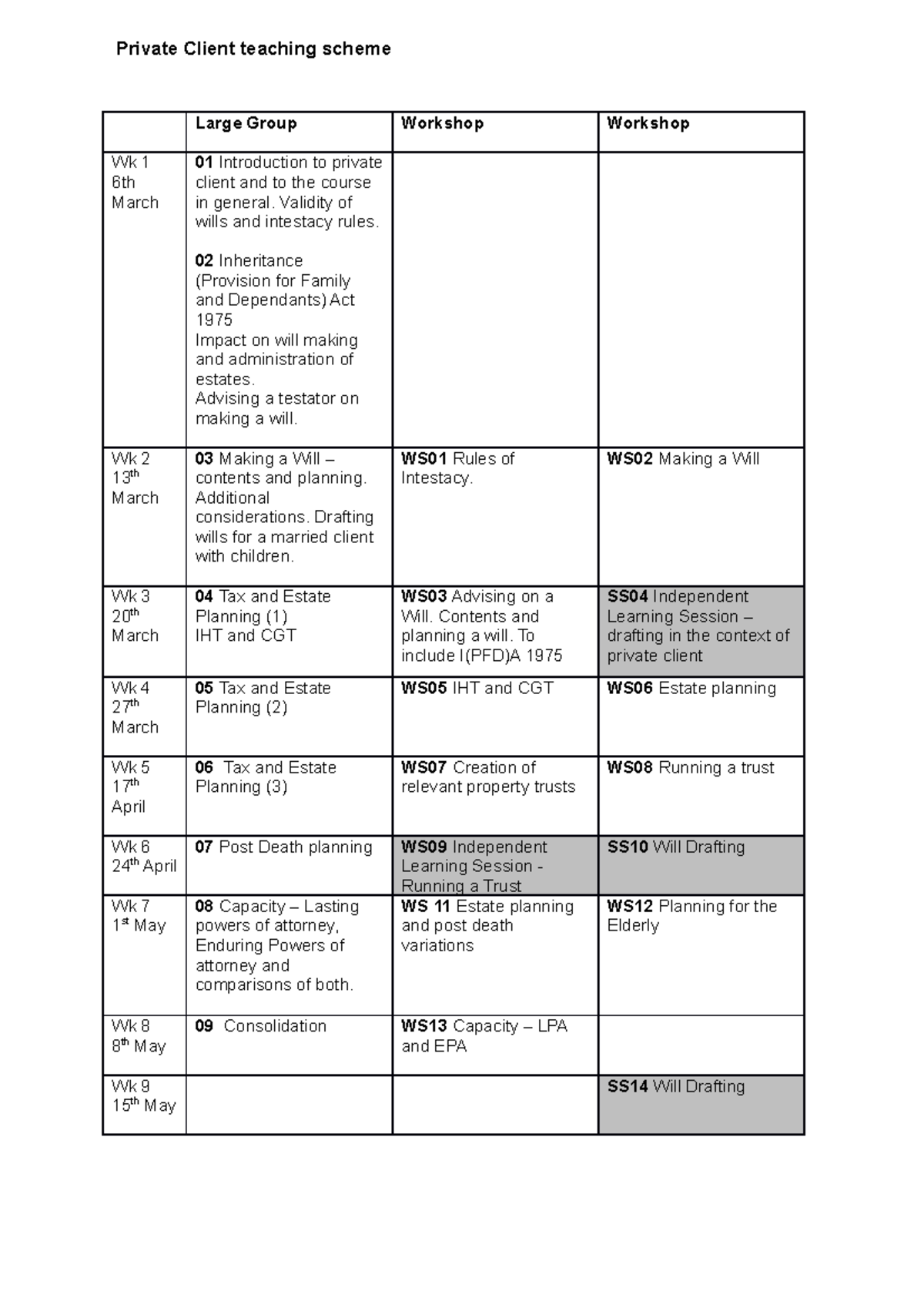 Teaching scheme - Large Group Workshop Workshop Wk 1 6th March 01 ...