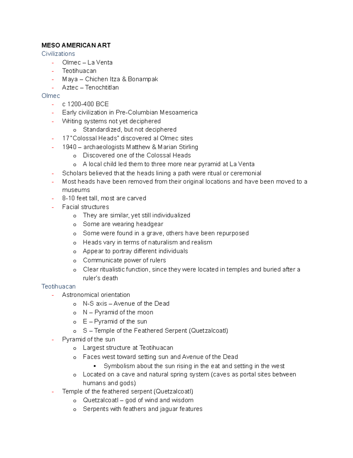 Meso American Art Notes - Intro to Art - MESO AMERICAN ART ...