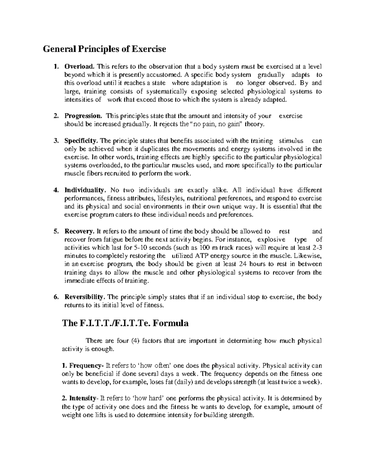 Principles Of Exercise And FITT Principle General Principles Of