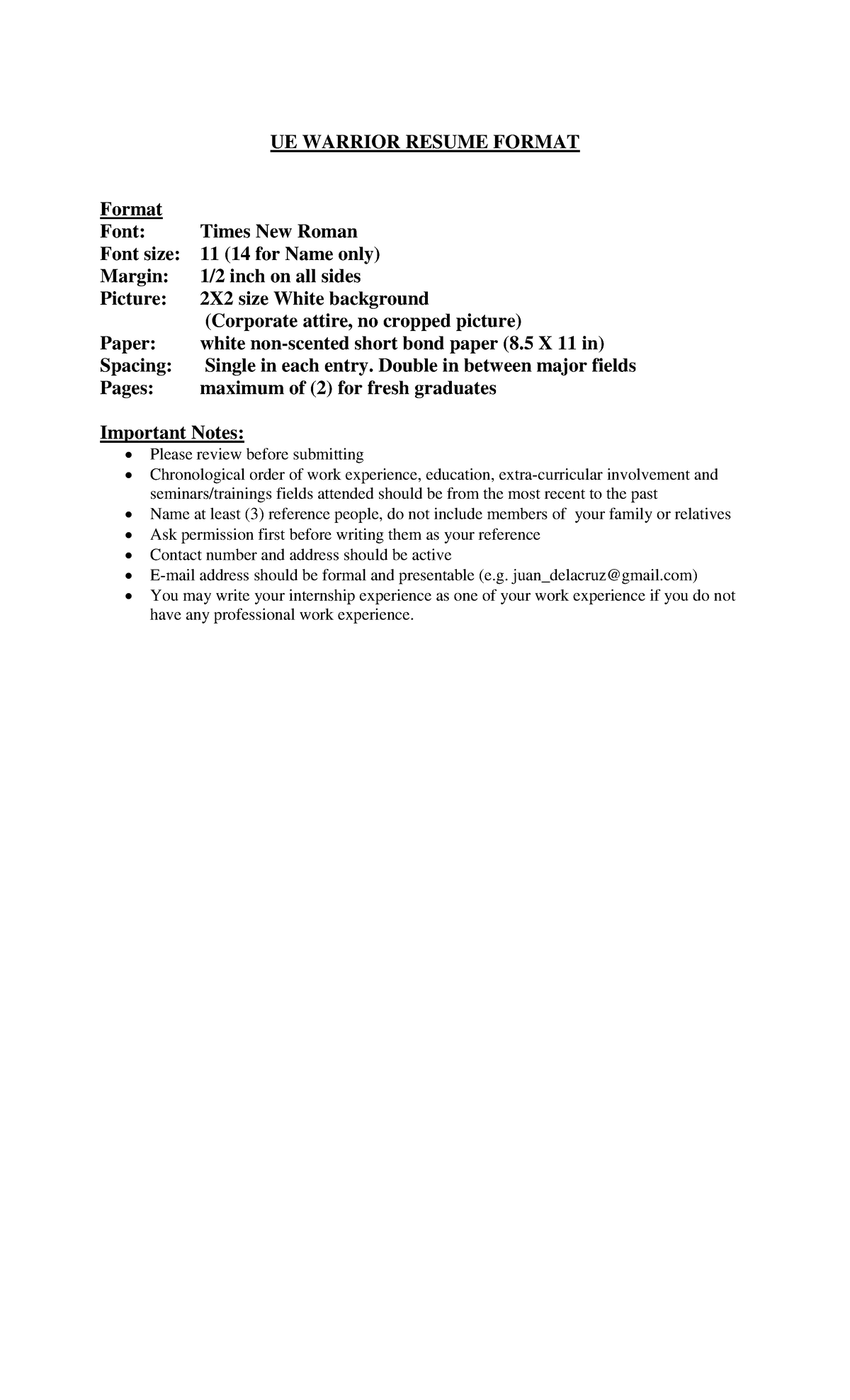 UE Warrior Resume Format revised - UE WARRIOR RESUME FORMAT Format Font ...